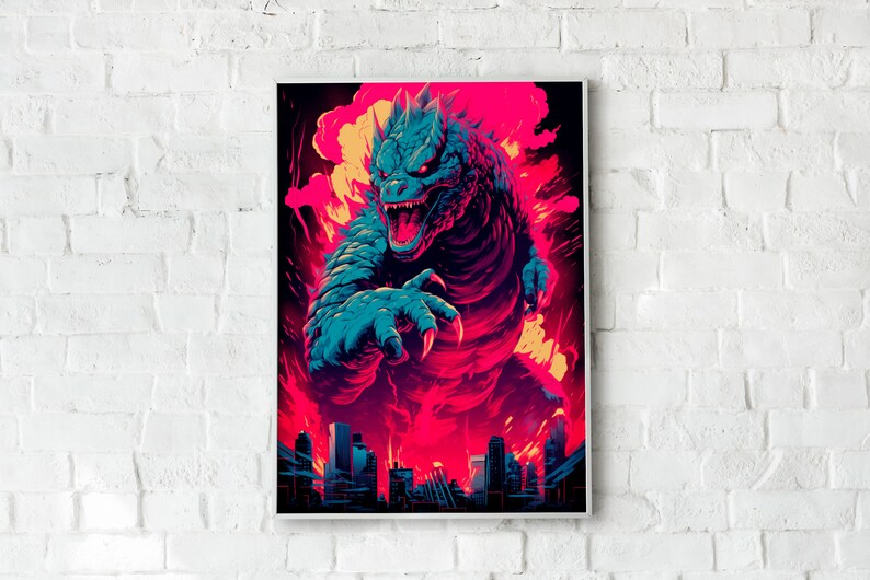 Neon Godzilla Poster, Epic 80's Retro Neon Kaiju Print, Cool Gamer ...