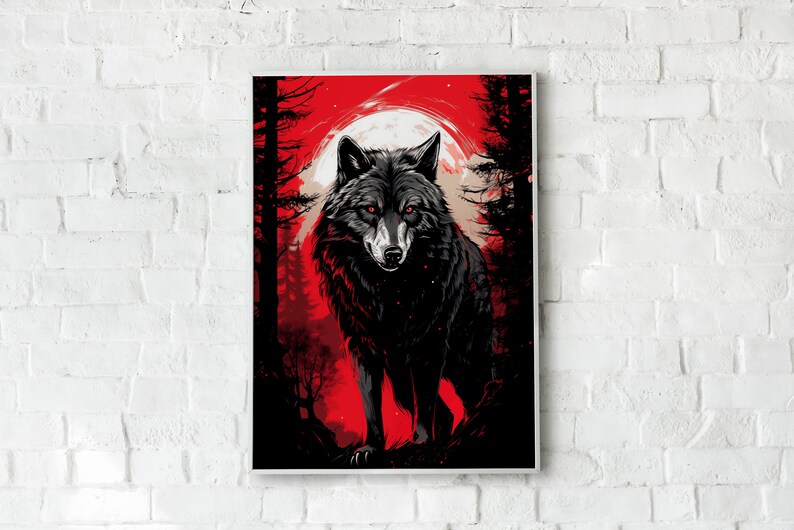 Red Wolf Poster, Cool Gothic Wolves Animal Print, Black White Beast ...