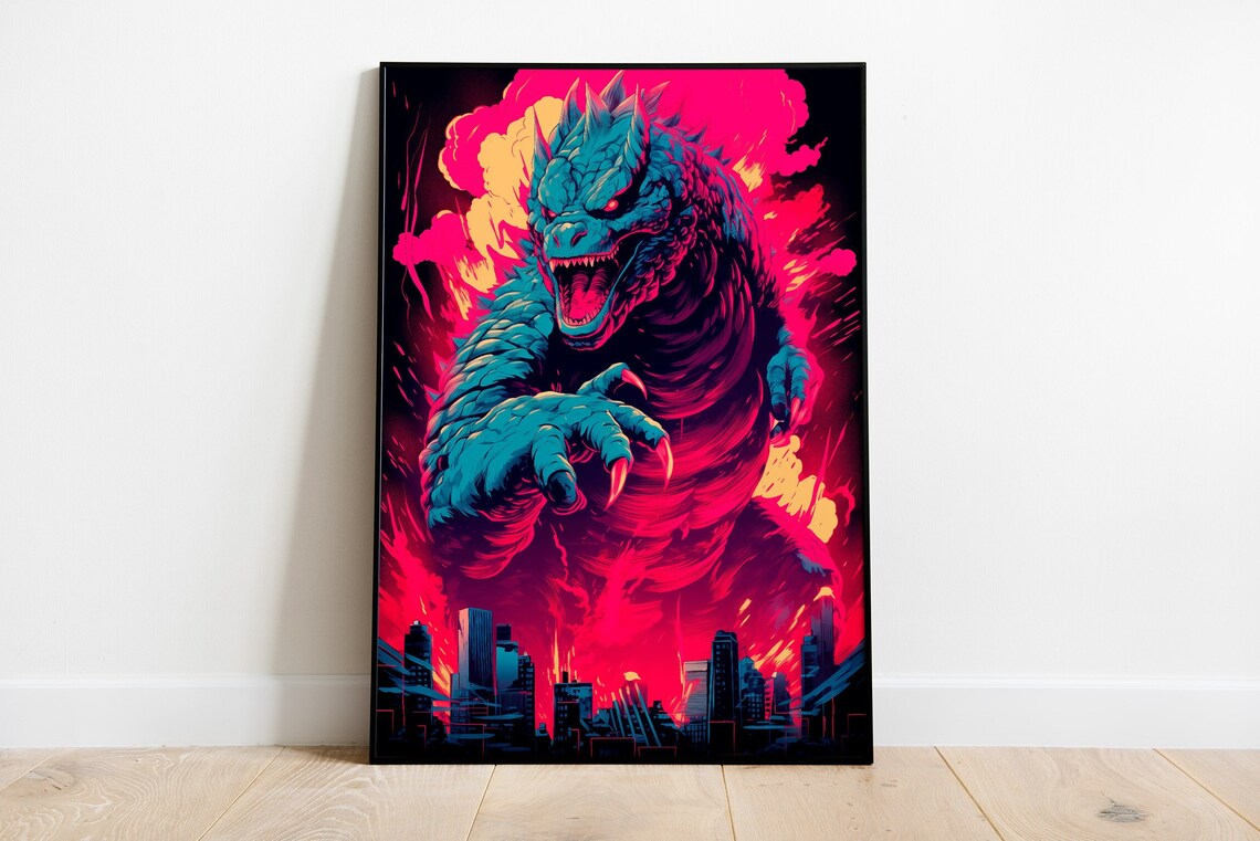 Neon Godzilla Poster, Epic 80's Retro Neon Kaiju Print, Cool Gamer ...