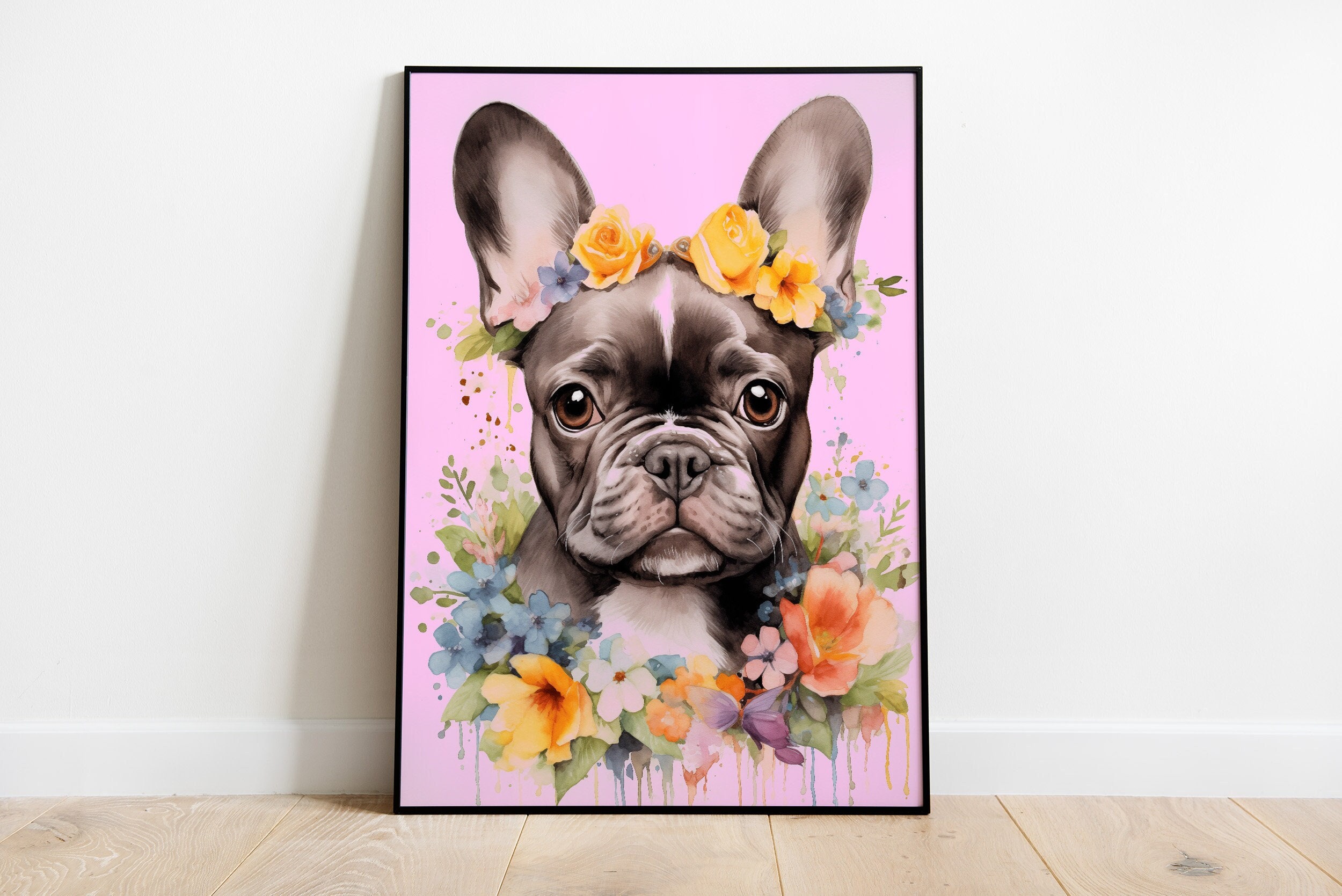 Flower Frenchie Poster, Cute Pink Watercolor Puppy Print, French ...