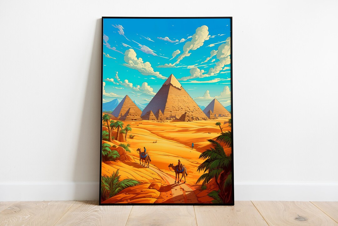 Pyramids of Giza Poster, Egypt Vibrant Cartoon Landmark Print, World ...