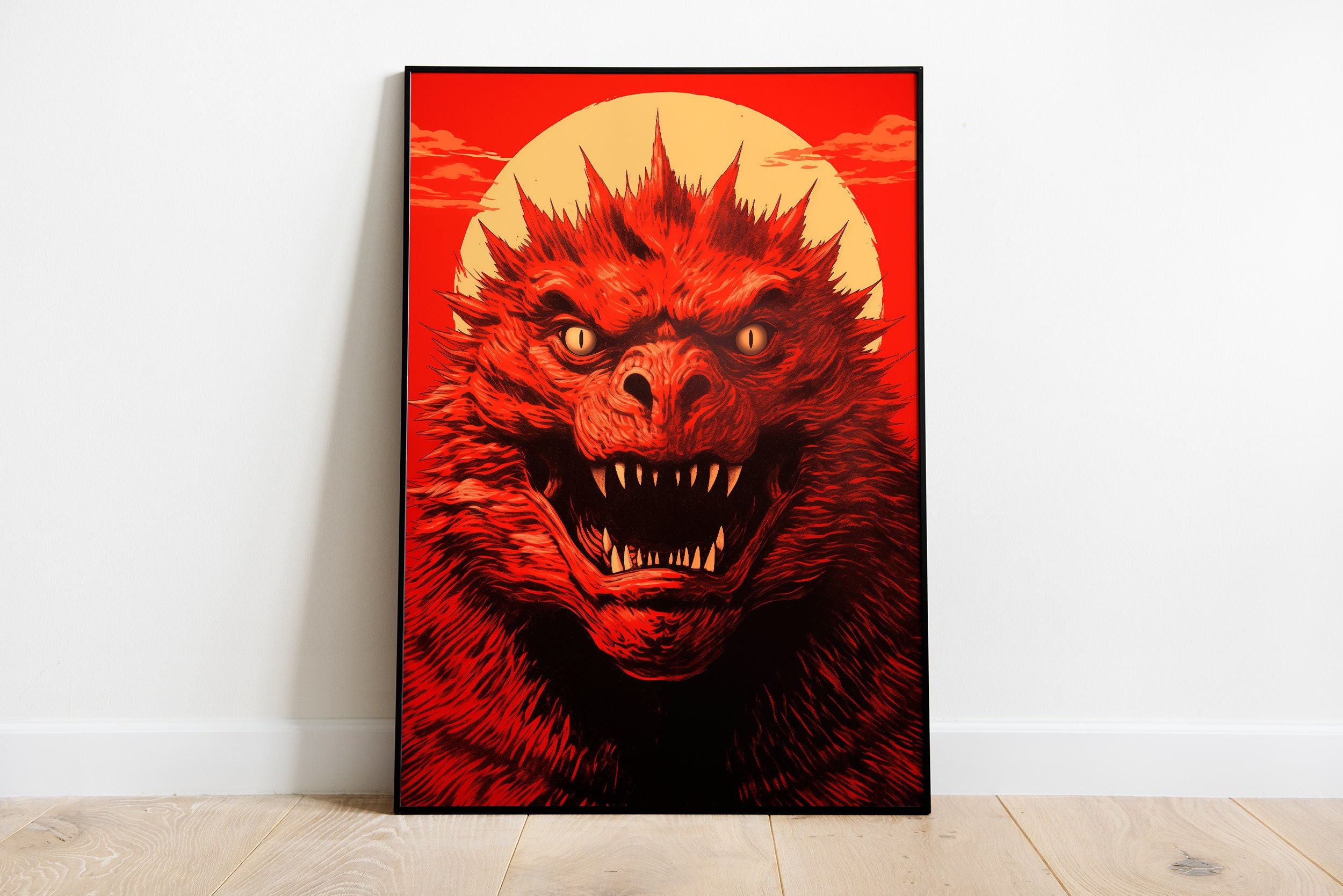 Vintage Godzilla Poster, Traditional Japanese Red Godzilla Print, Kaiju ...