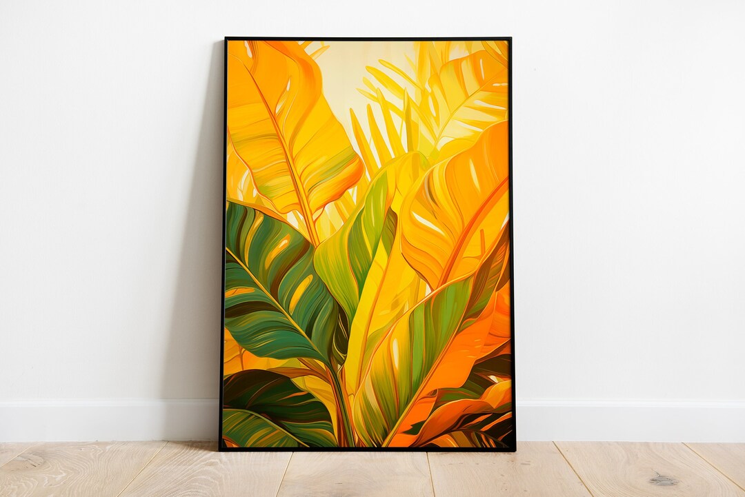 Tropical Leaf Poster, Golden Hour Jungle Nature Print, Orange Green ...