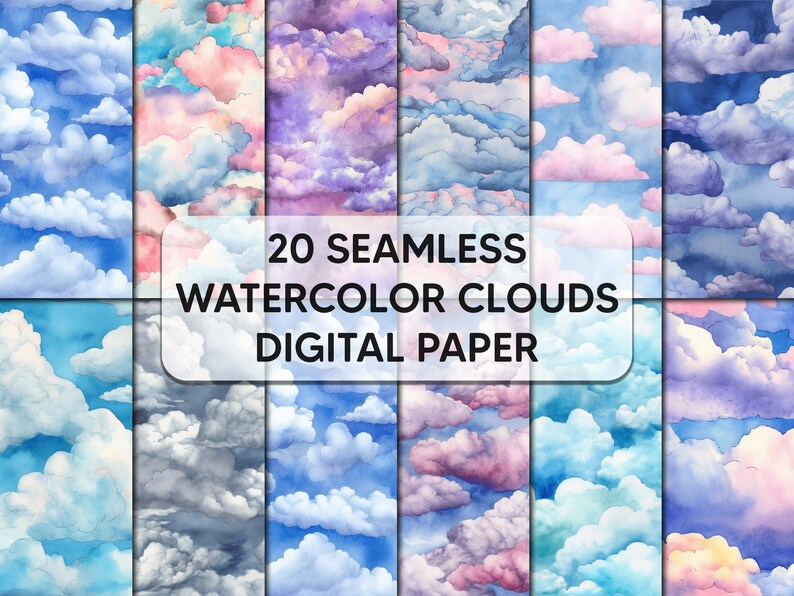 Watercolor Clouds Digital Paper 20 Seamless Cloud Sky - Etsy