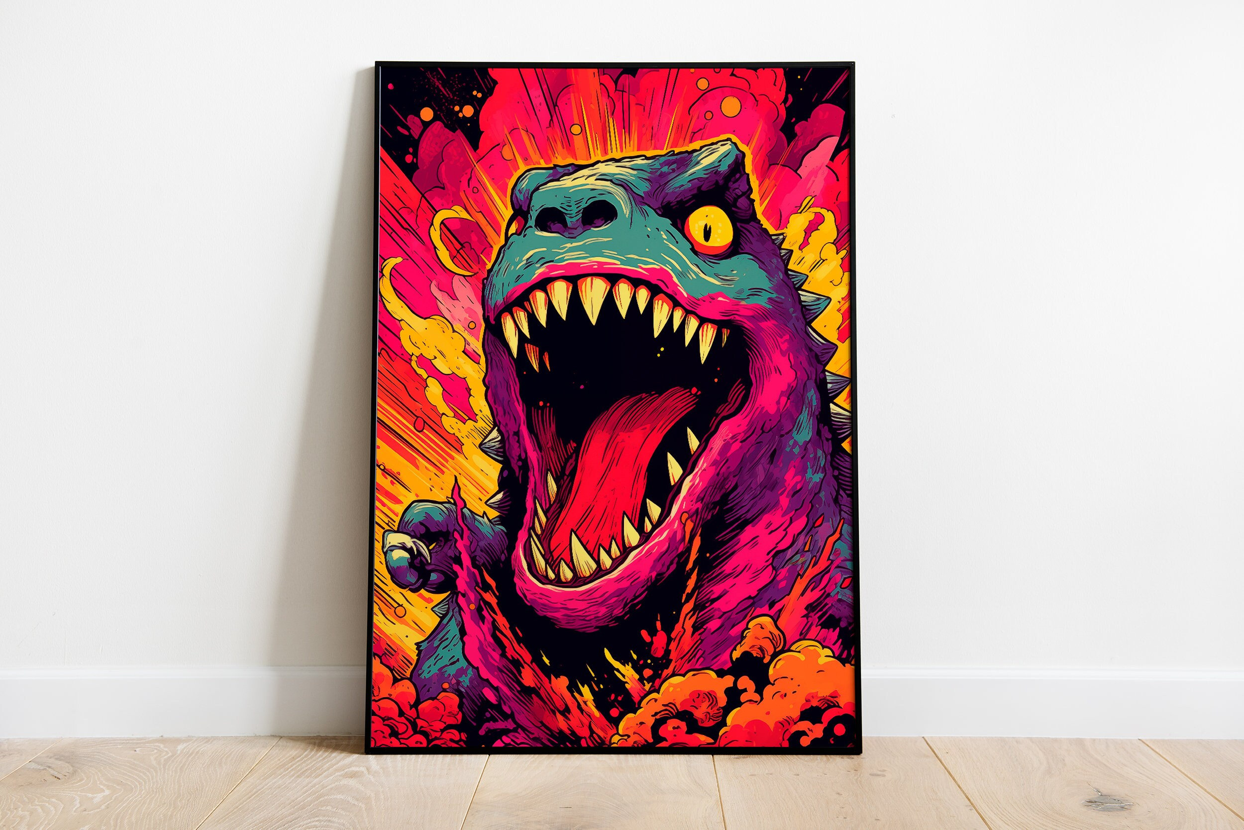 Cartoon Godzilla Poster, Awesome Japanese Monster Print, Kaiju Gojira ...