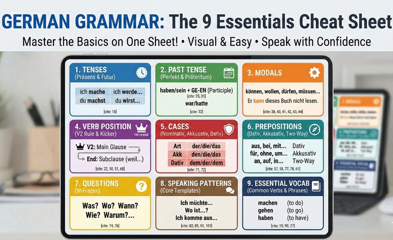 German Grammar Essentials Cheat Sheet | Conversational German Rules PDF ...