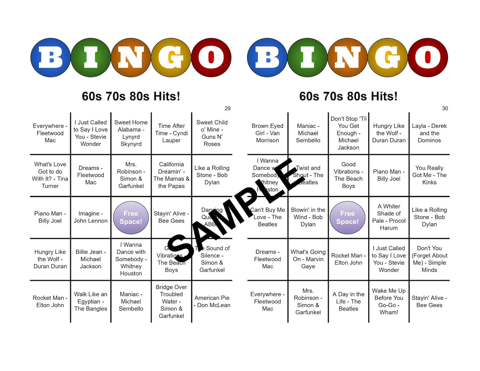 60s 70s 80s Hits! 75 Songs 100 Bingo Cards - Etsy