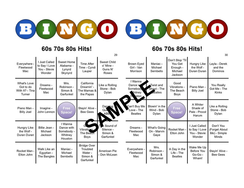 60s 70s 80s Hits! 75 Songs 100 Bingo Cards - Etsy