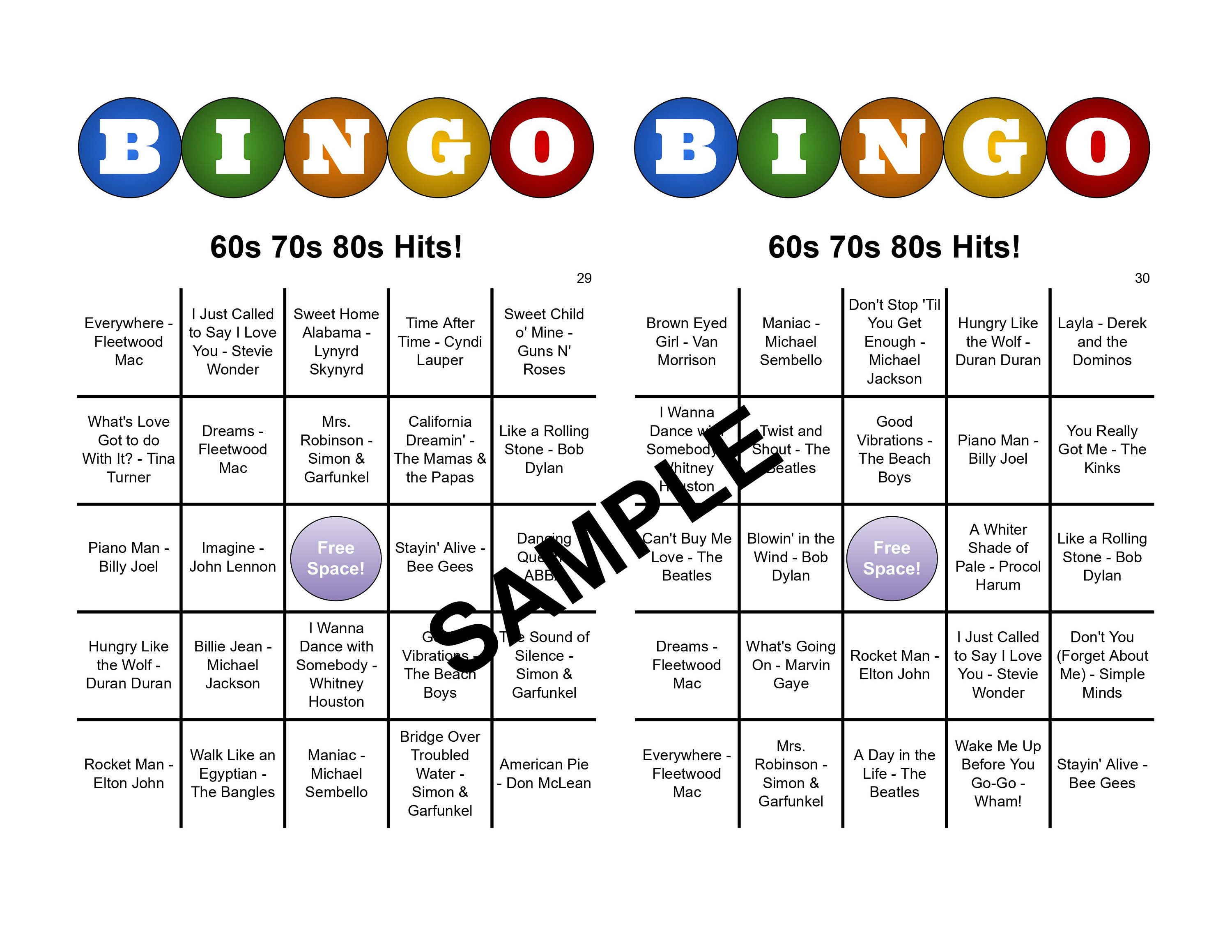 60s 70s 80s Hits! 75 Songs 100 Bingo Cards - Etsy