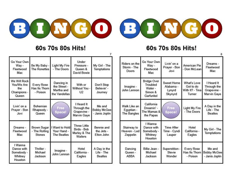 60s 70s 80s Hits! 75 Songs 100 Bingo Cards - Etsy