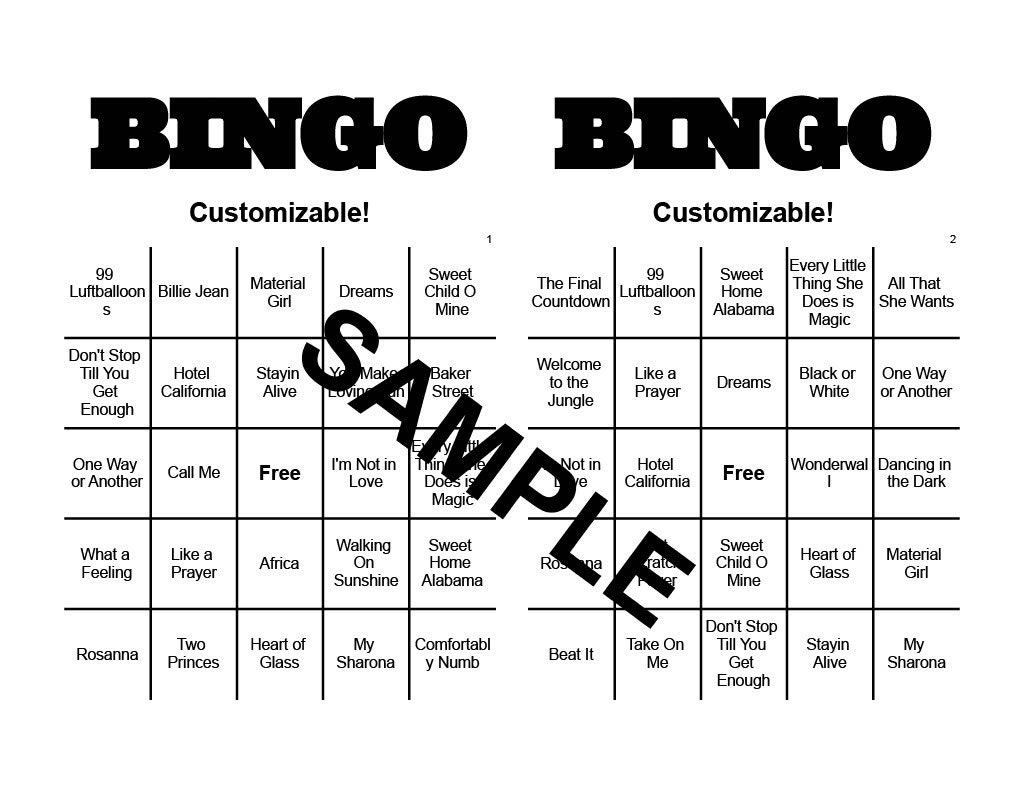 Personalized Bingo Game. 75 Songs 100 Random Bingo Sheets. - Etsy