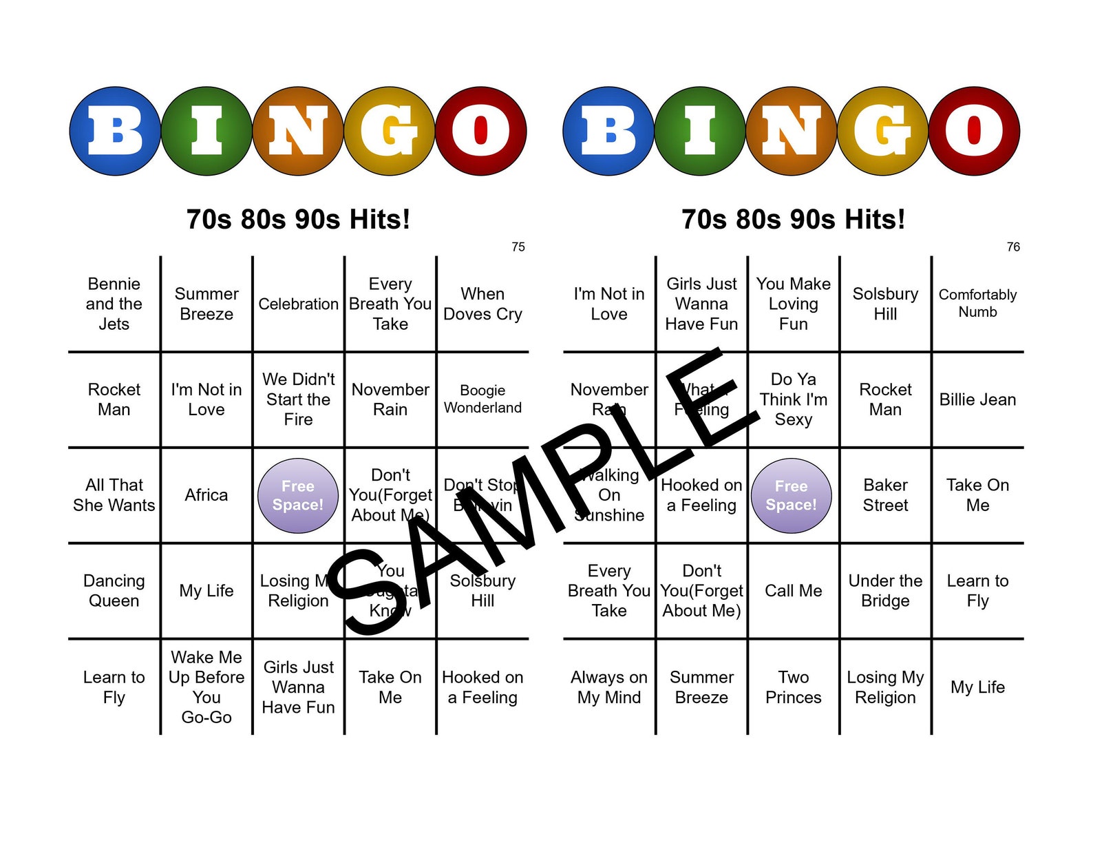 70s 80s 90s Hits 75 Songs 100 Bingo Cards - Etsy