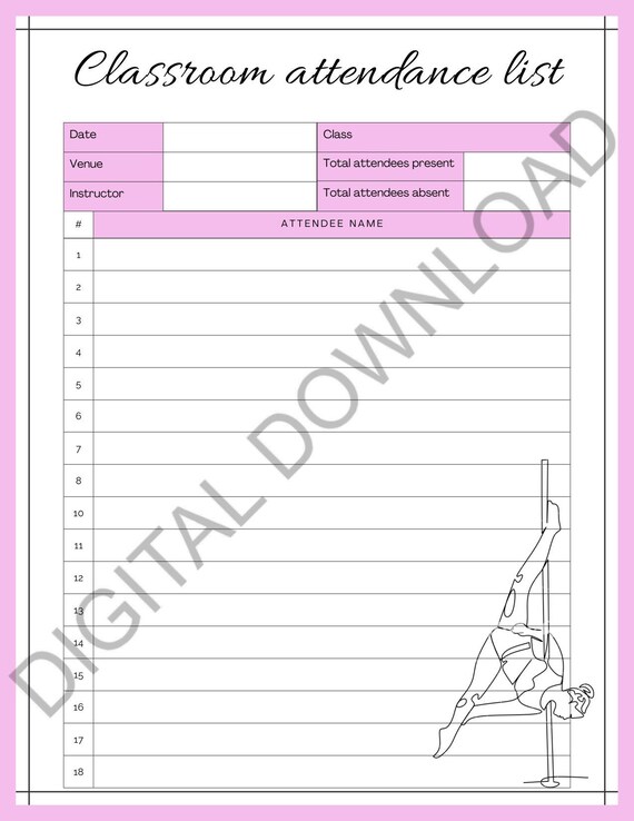Pole Dance Classroom Attendance List Printable Digital - Etsy