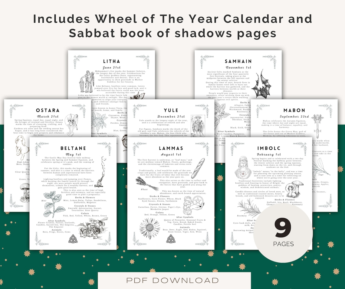 Wheel of the Year Sabbat Reference Sheets Grimoire Pages, Witchy ...