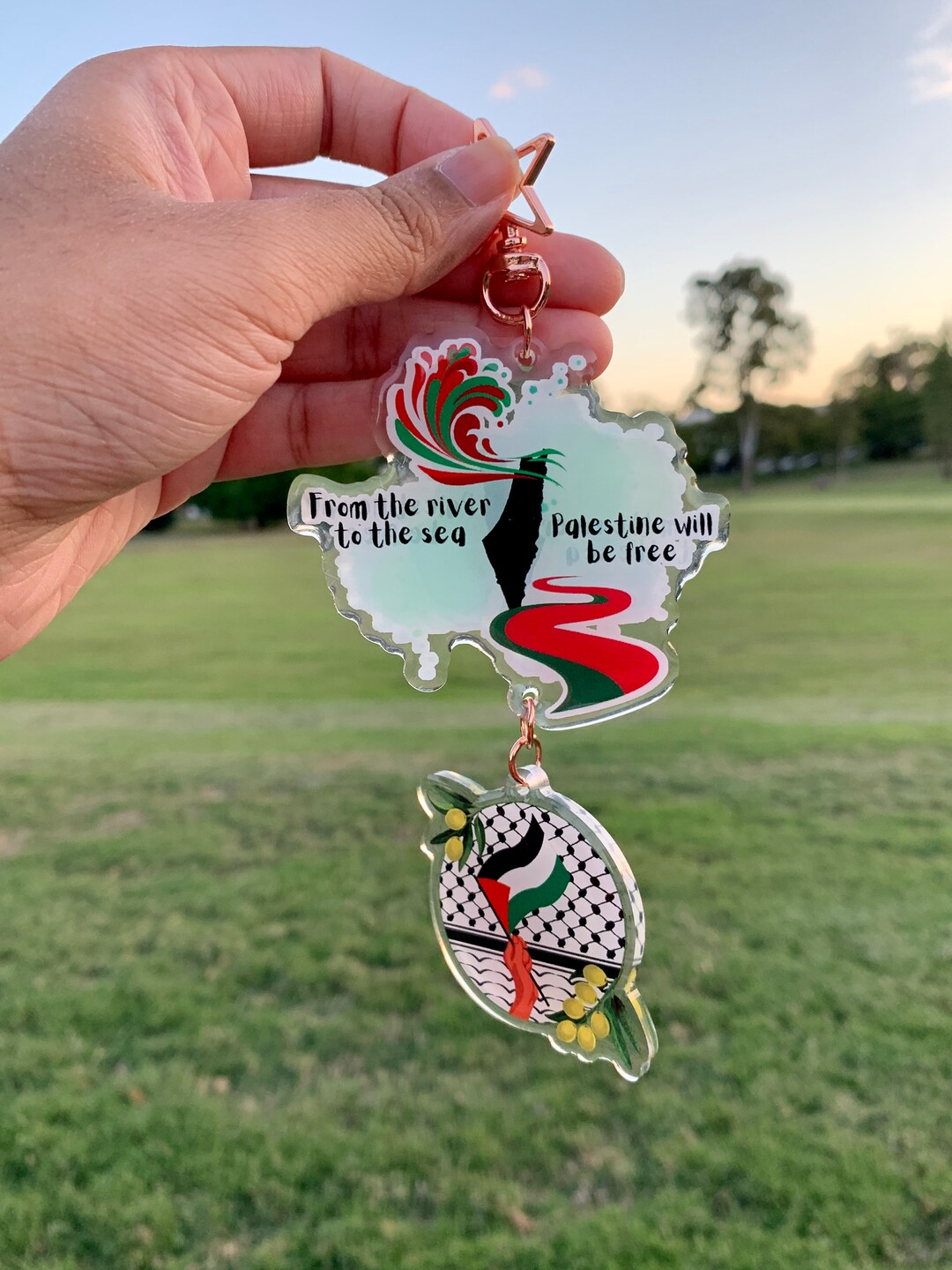 Palestine Double Charm Keychain With Keffiyeh Print and Olive - Etsy