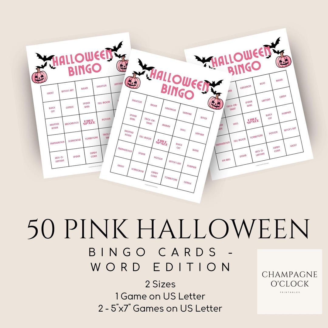 Pink Halloween Word Bingo Printable Game | 50 Cards | Family Games ...