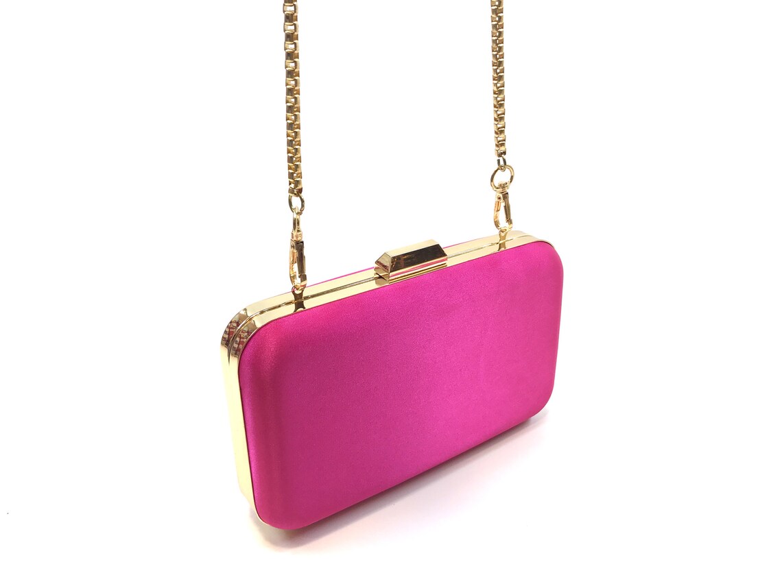 Satin Fuchsia Clutch Purse, Gold With Removable Chain, Fuchsia Evening ...