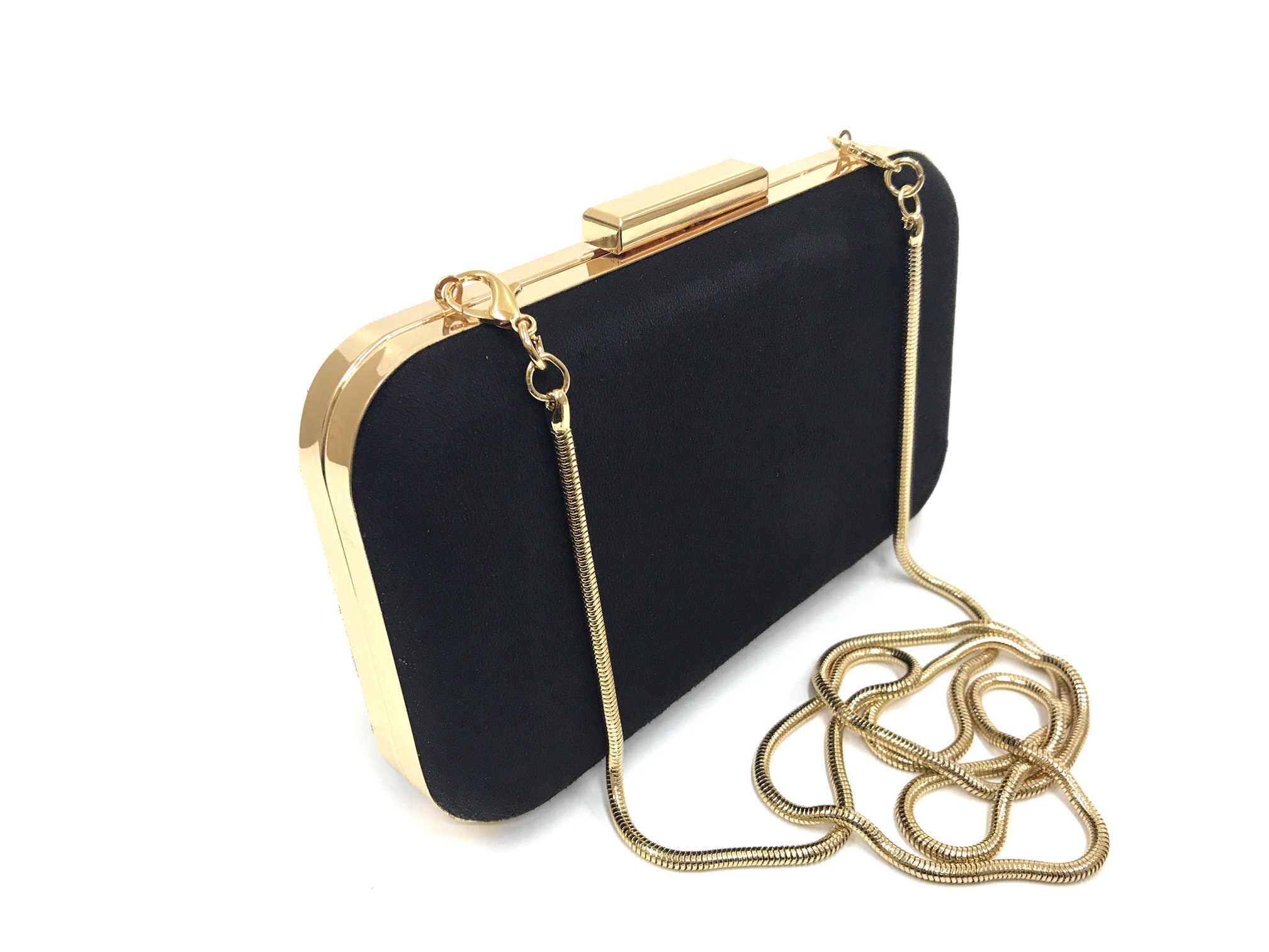 Black Suede Evening Bag, Black Gold Clutch, Cocktail Party Black Suede ...