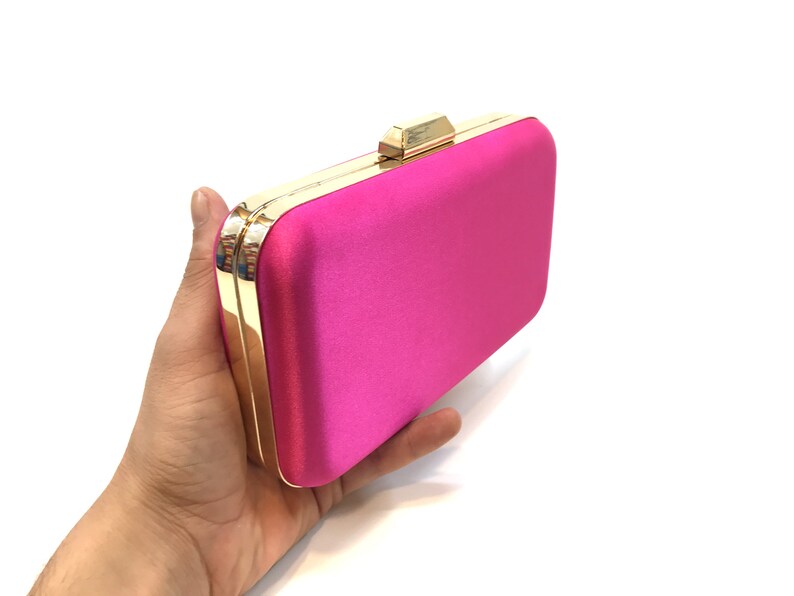 Satin Fuchsia Clutch Purse, Gold With Removable Chain, Fuchsia Evening ...