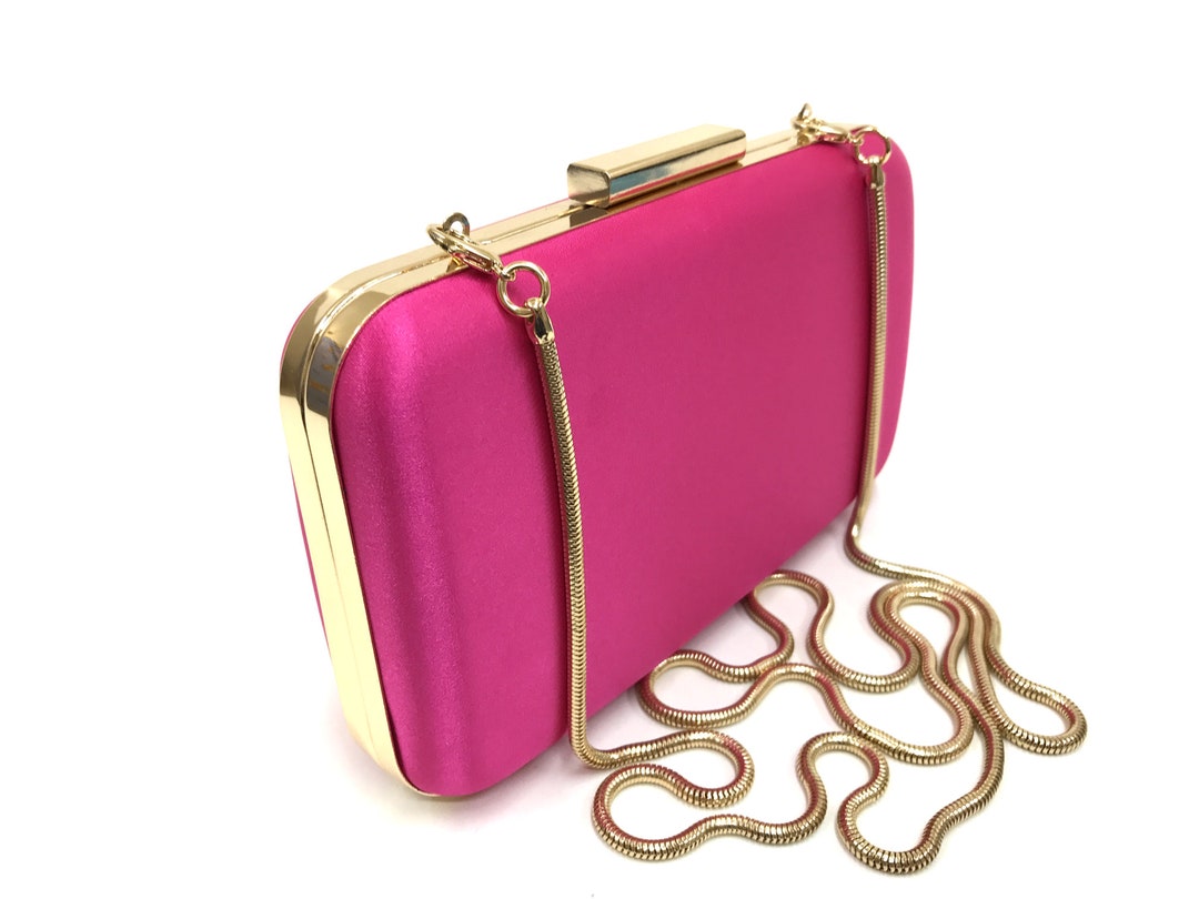 Satin Fuchsia Clutch Purse, Gold With Removable Chain, Fuchsia Evening ...