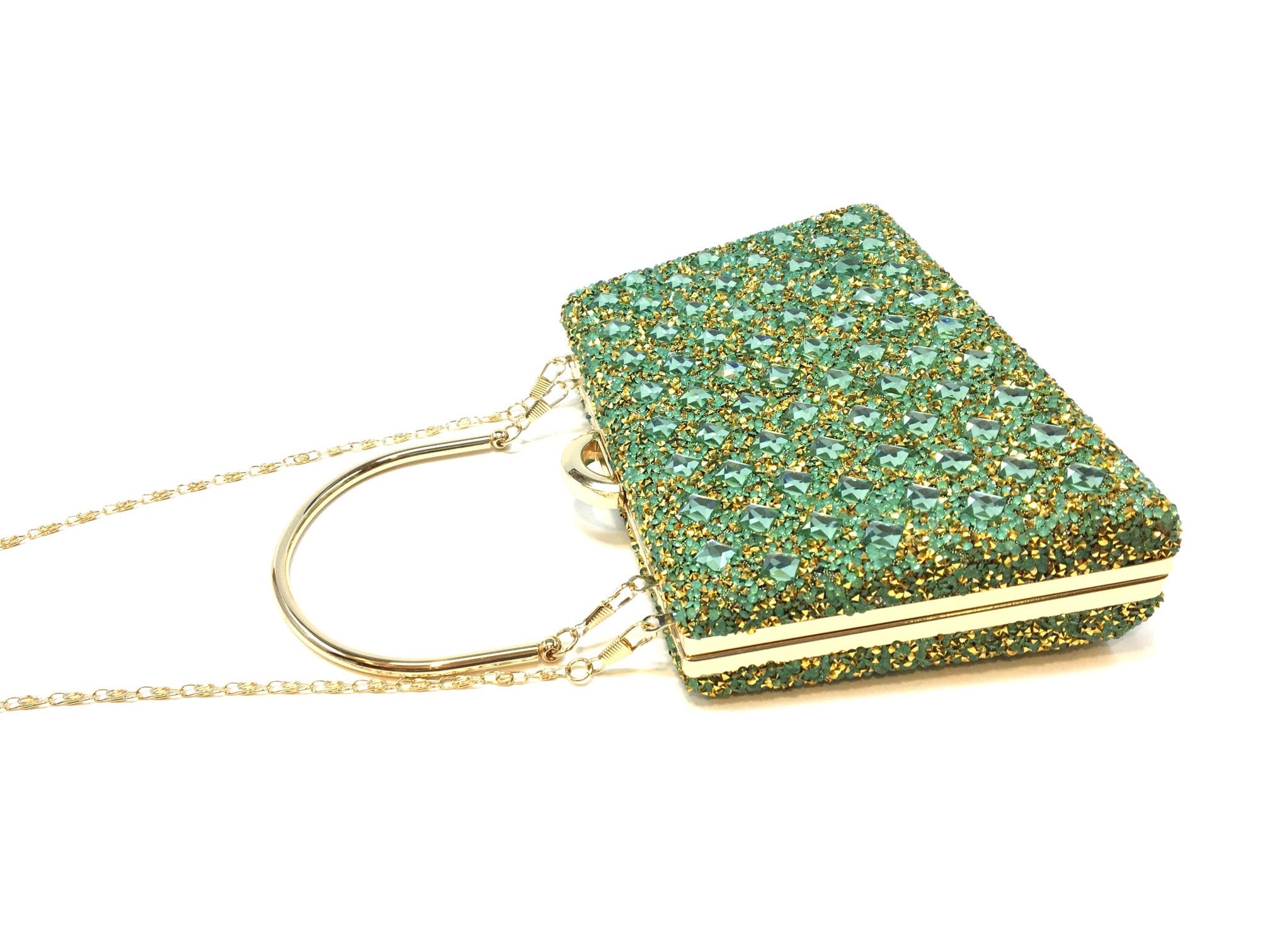 Shiny Light Green Clutch Bag With Removable Chain, Gold Frame Green ...