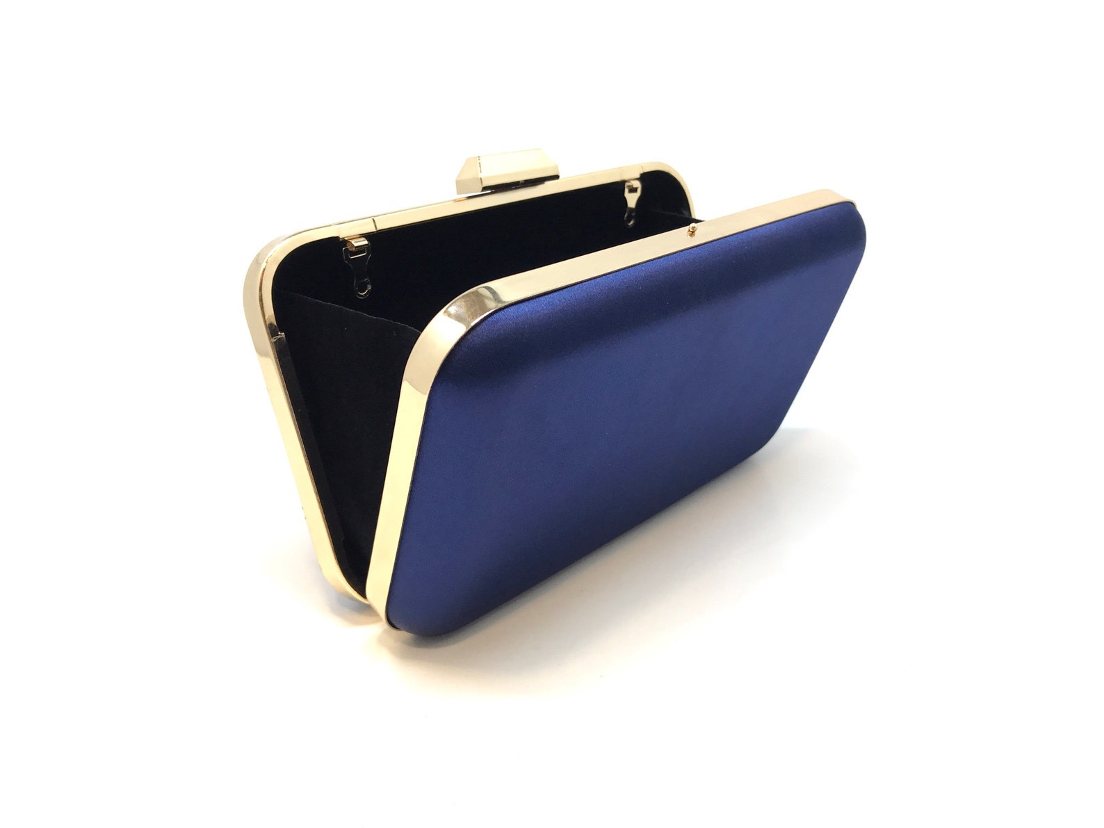 Luxury Satin Navy Blue Clutch Purse, Gold With Detachable Chain, Navy ...