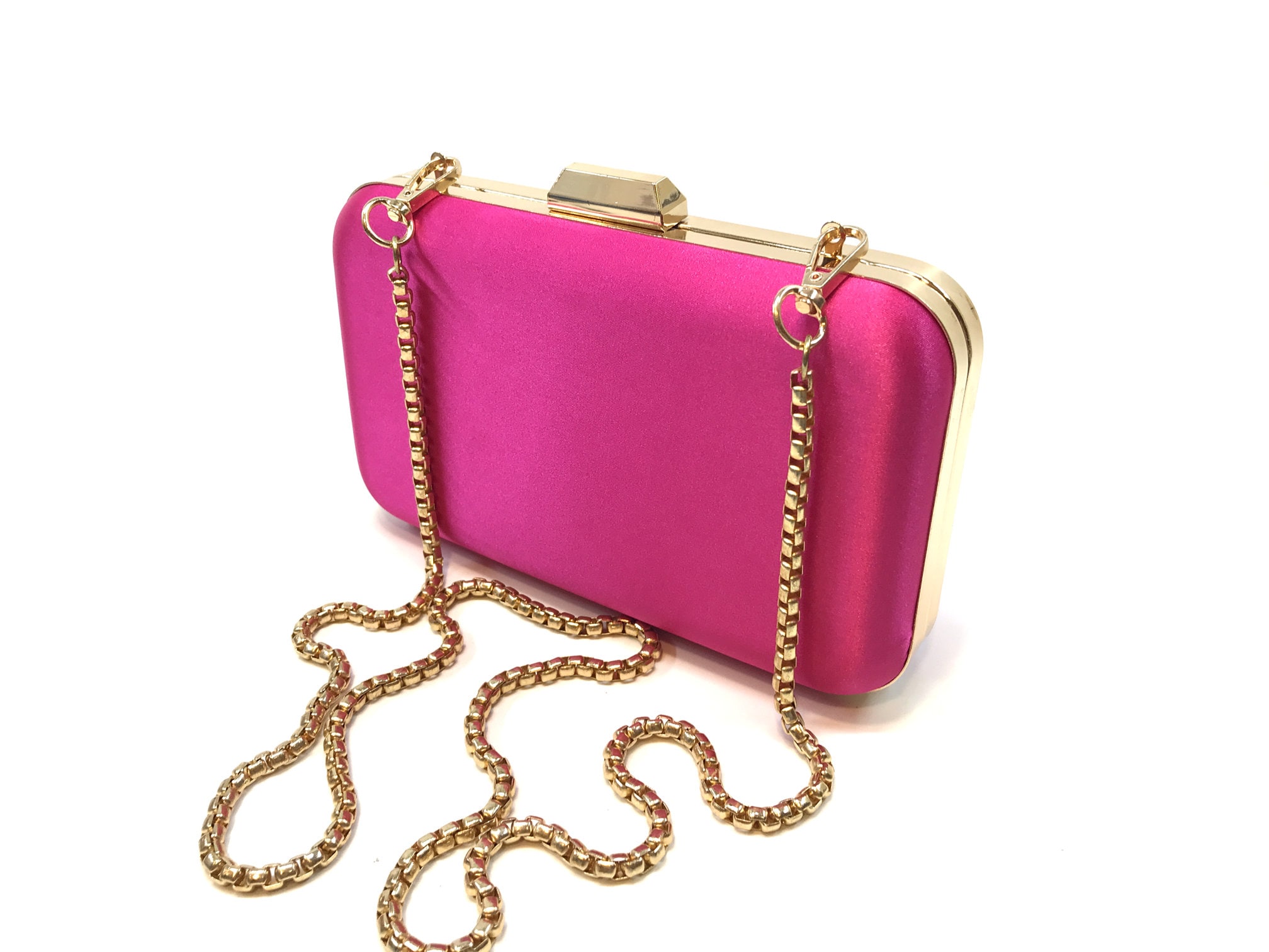 Satin Fuchsia Clutch Purse, Gold With Removable Chain, Fuchsia Evening ...