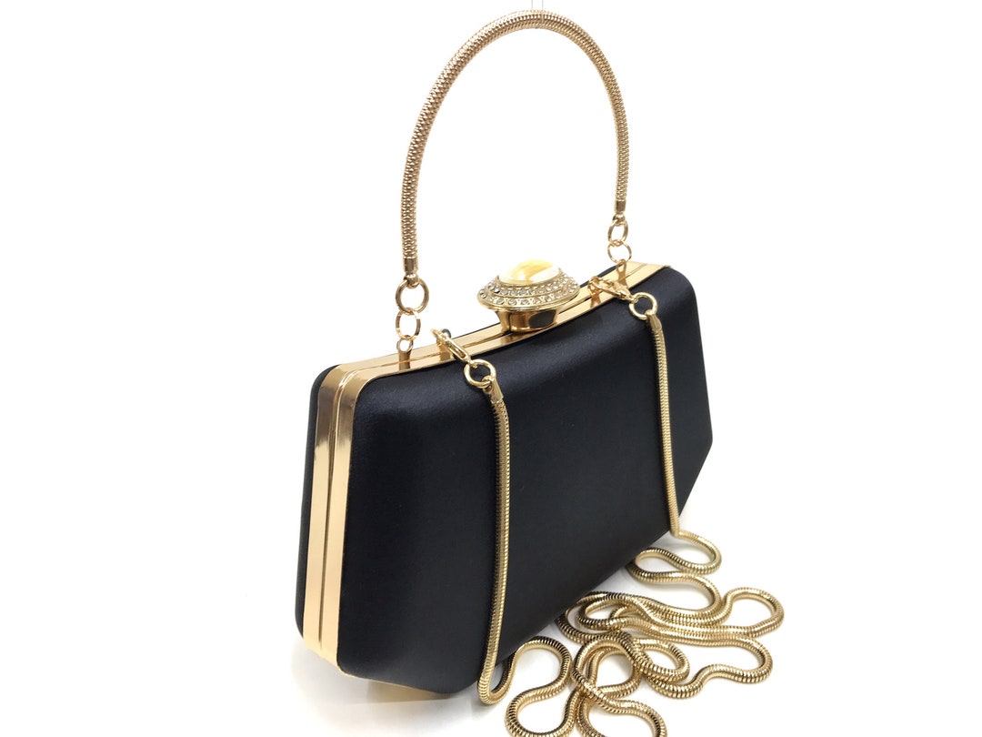 Satin Black Evening Bag, Satin Black Luxury Clutch Purse, Gold Black ...