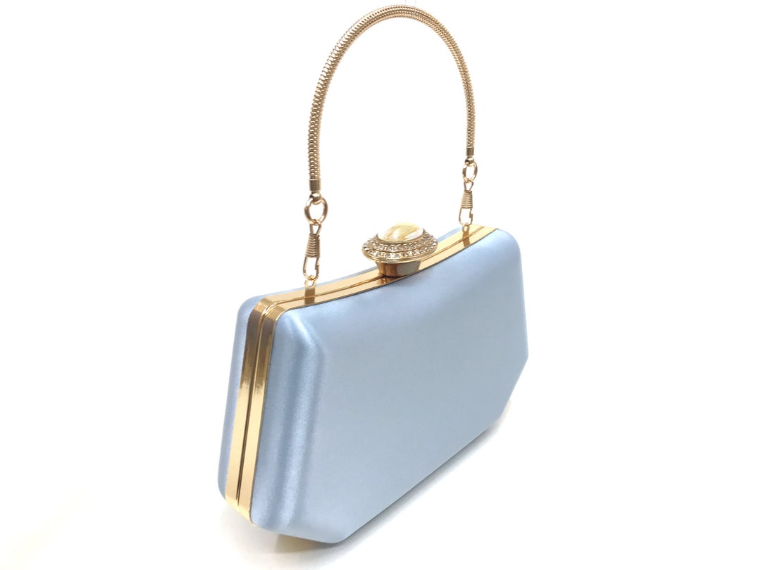 Satin Baby Blue Evening Bag, Satin Baby Blue Luxury Clutch Purse, Gold ...