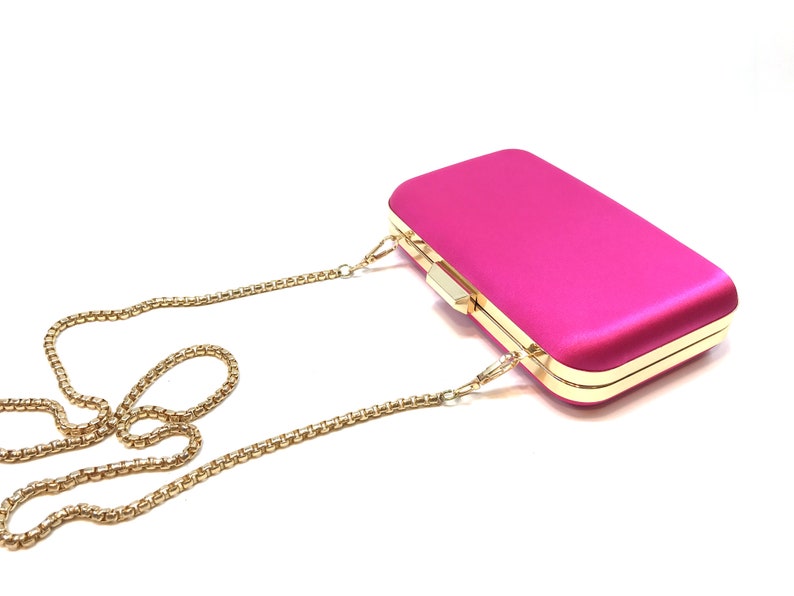 Satin Fuchsia Clutch Purse, Gold With Removable Chain, Fuchsia Evening ...
