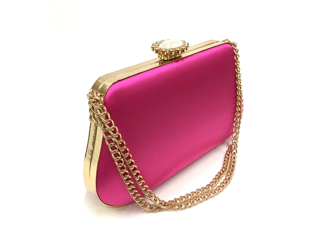 Luxury Gold and Fuchsia Satin Wedding Bag With Removable Chain, Clutch ...