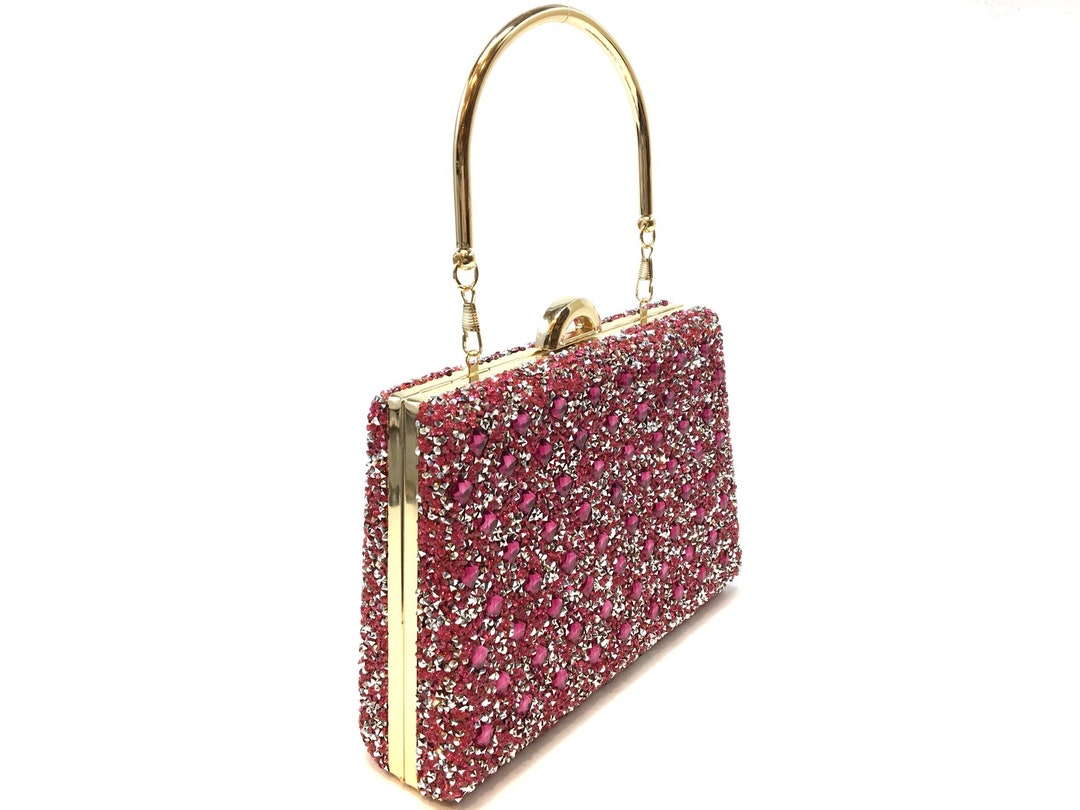 Shiny Fuchsia Clutch Bag With Removable Chain, Gold Frame Fuchsia Stone Clutch, Top Handle ...