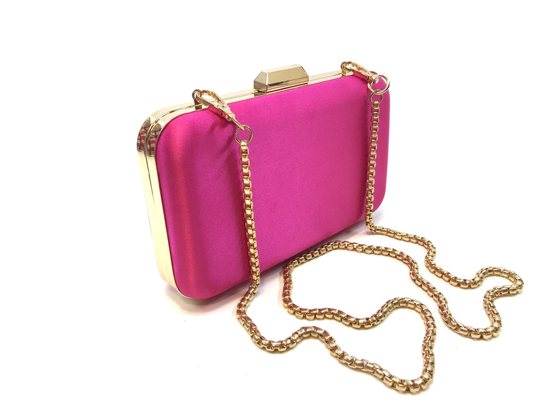 Satin Fuchsia Clutch Purse, Gold With Removable Chain, Fuchsia Evening ...