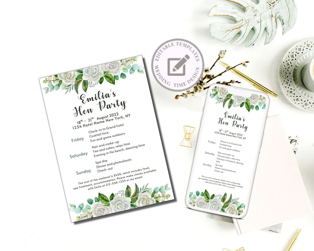 White Floral Hen Invitation, Party Invite Template, Electronic ...