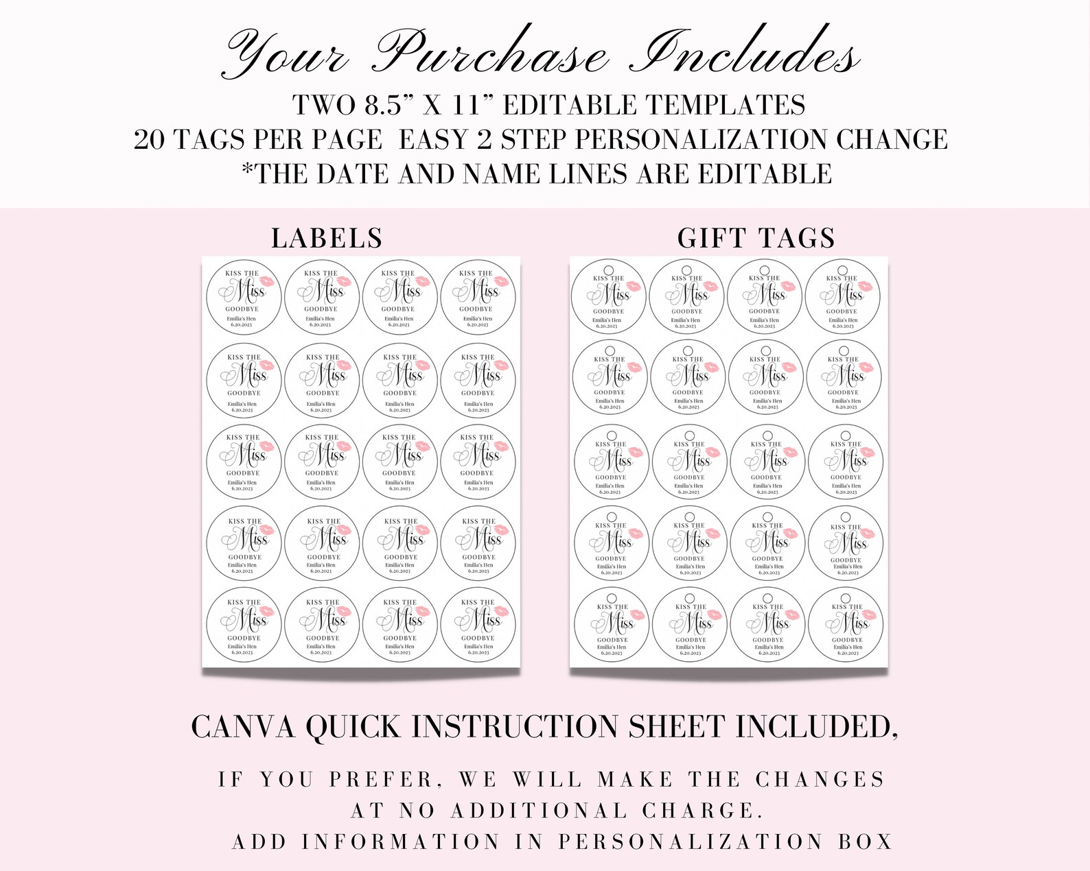 Editable Kiss the Miss Gift Tags and Labels, Kiss the Miss Goodbye ...