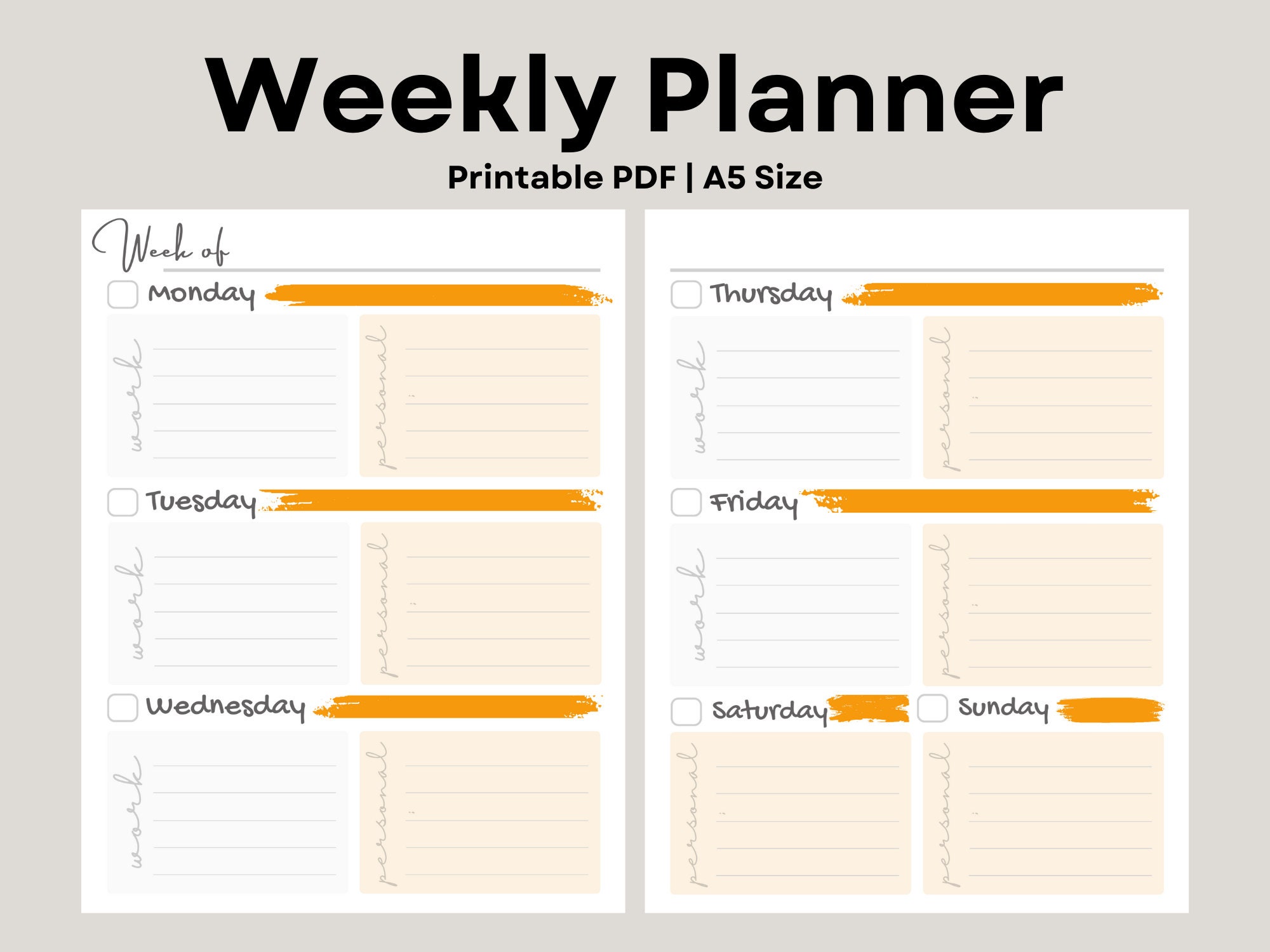 Weekly Planner PDF Printable Undated A5 Work & Personal - Etsy