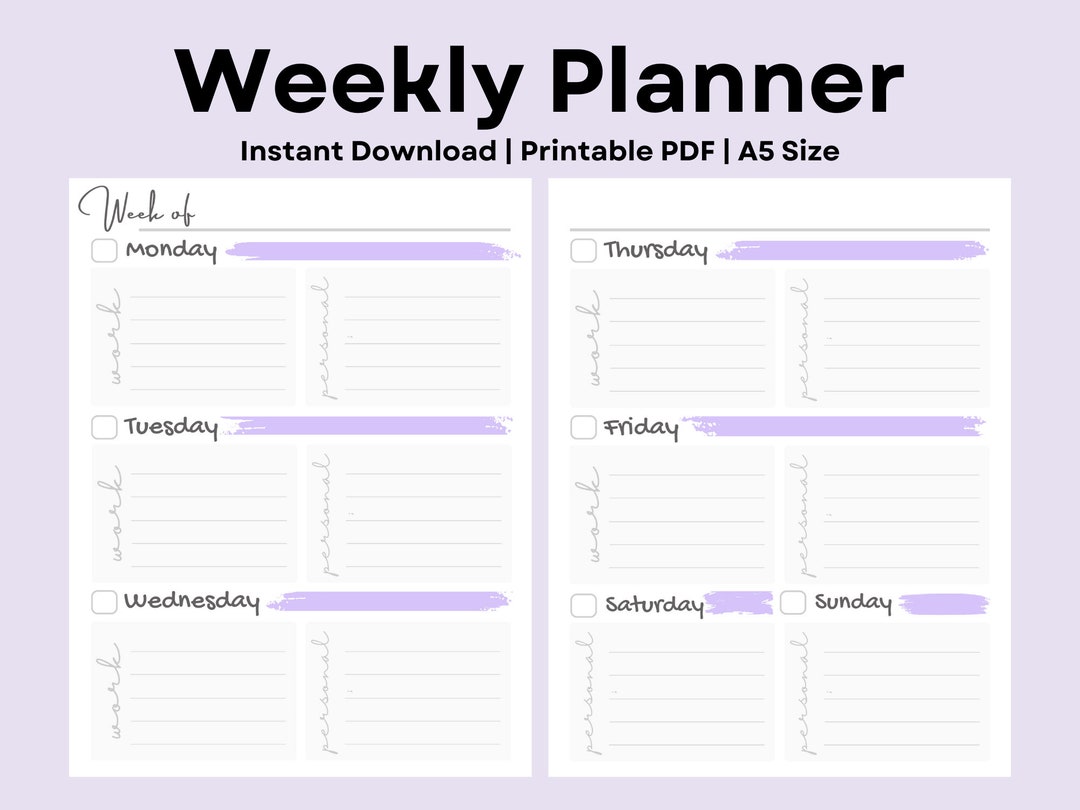 A5 Weekly Planner Printable, Purple - Etsy