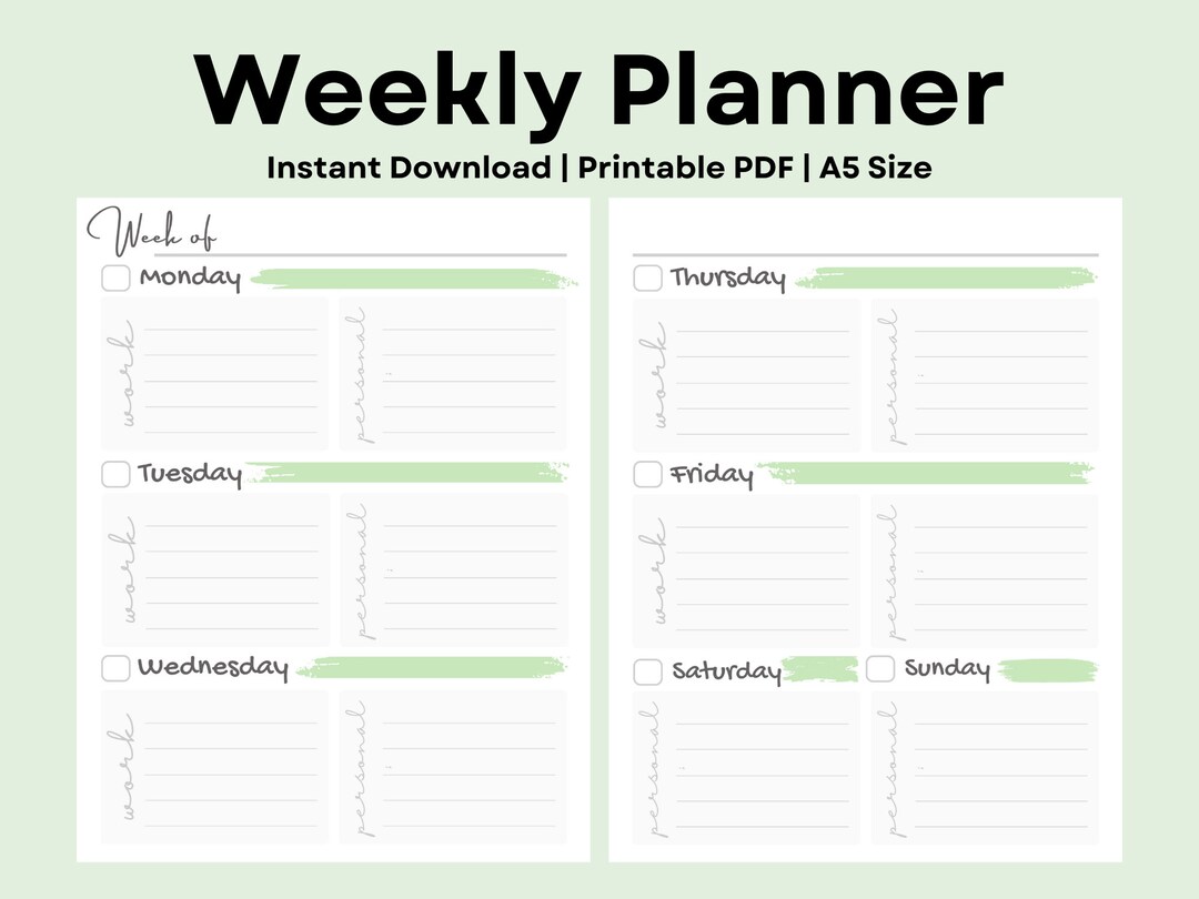 A5 Weekly Planner Printable, Green - Etsy