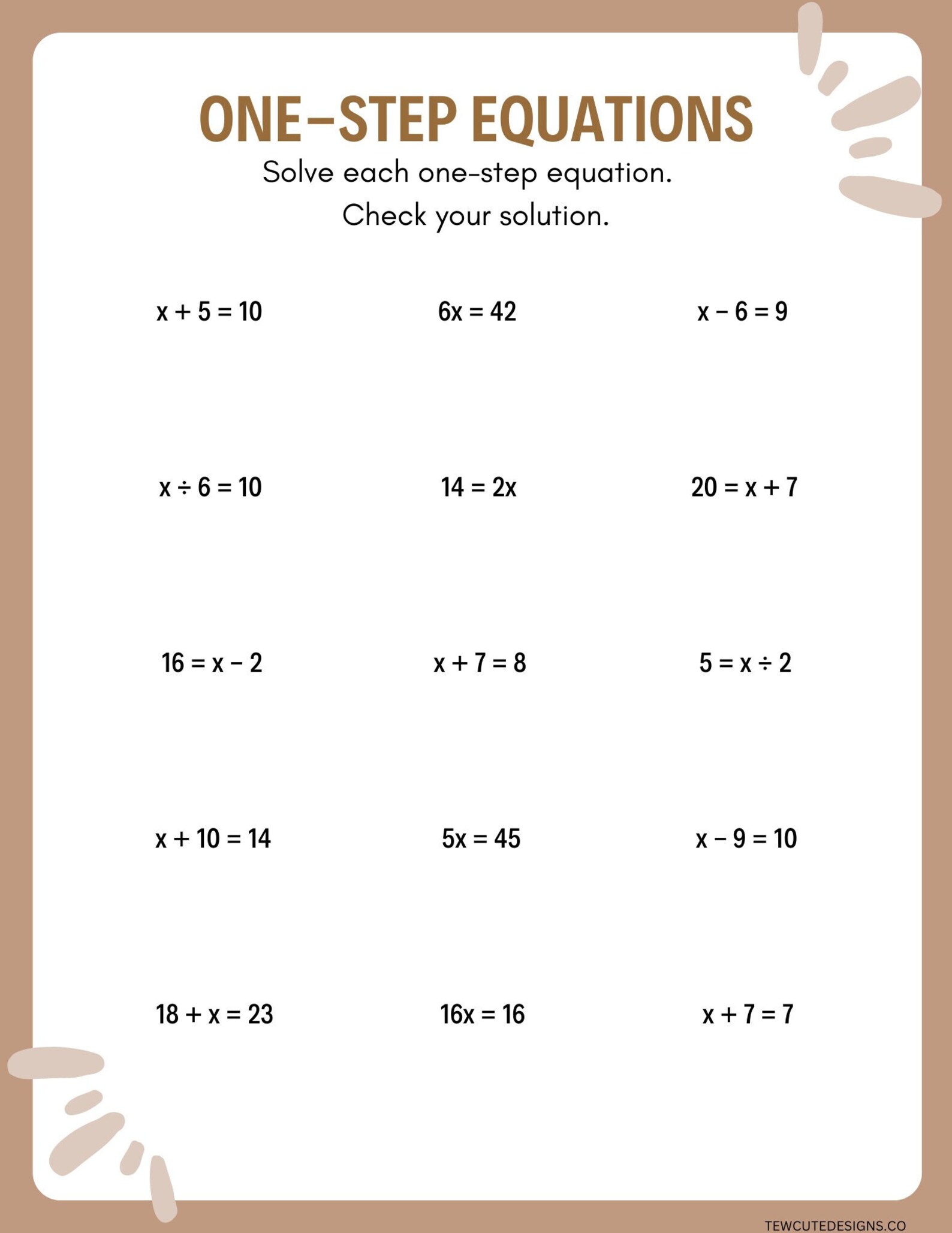 One Step Equations Worksheets - Etsy