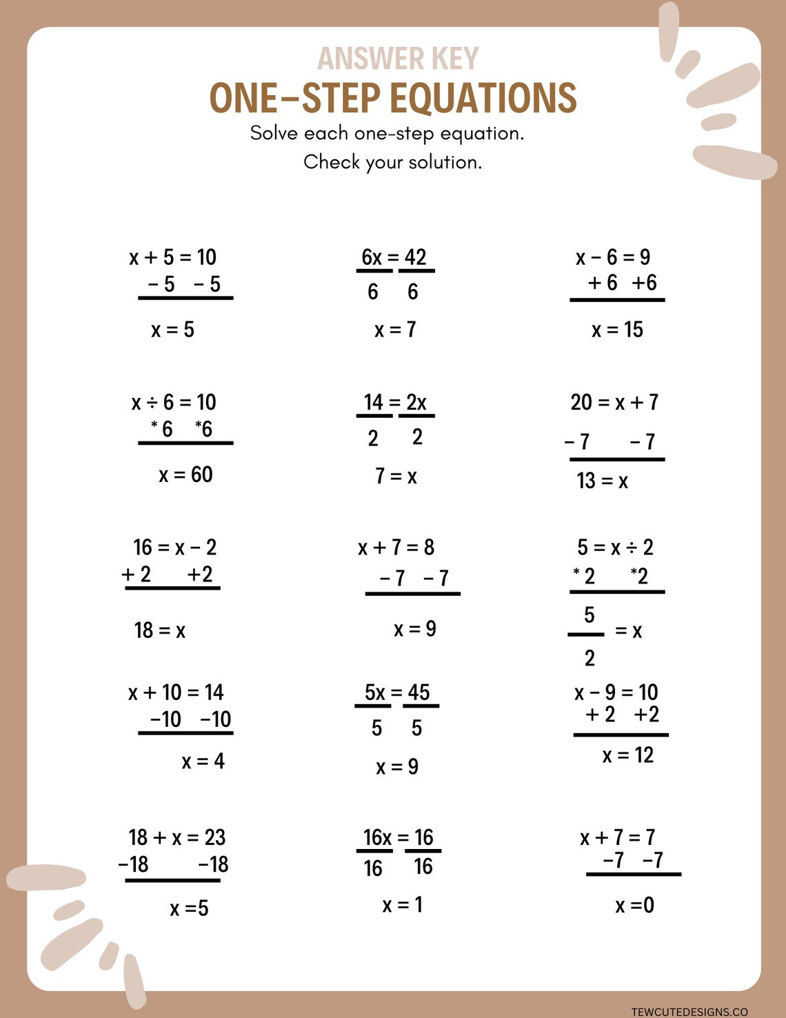 One Step Equations Worksheets - Etsy