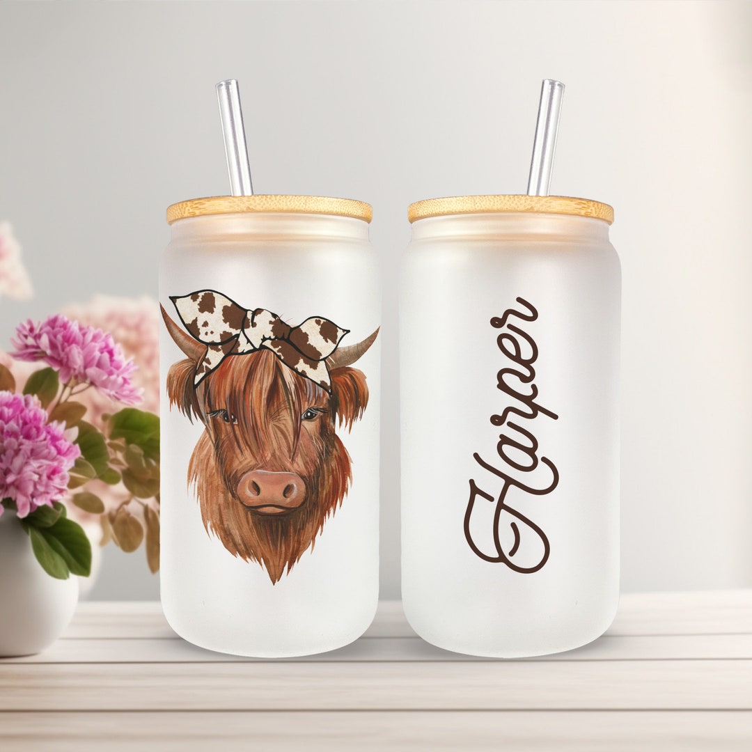 Highland Cow Glass Tumbler, Cow Coffee Cup, Iced Coffee Glass, Glass ...