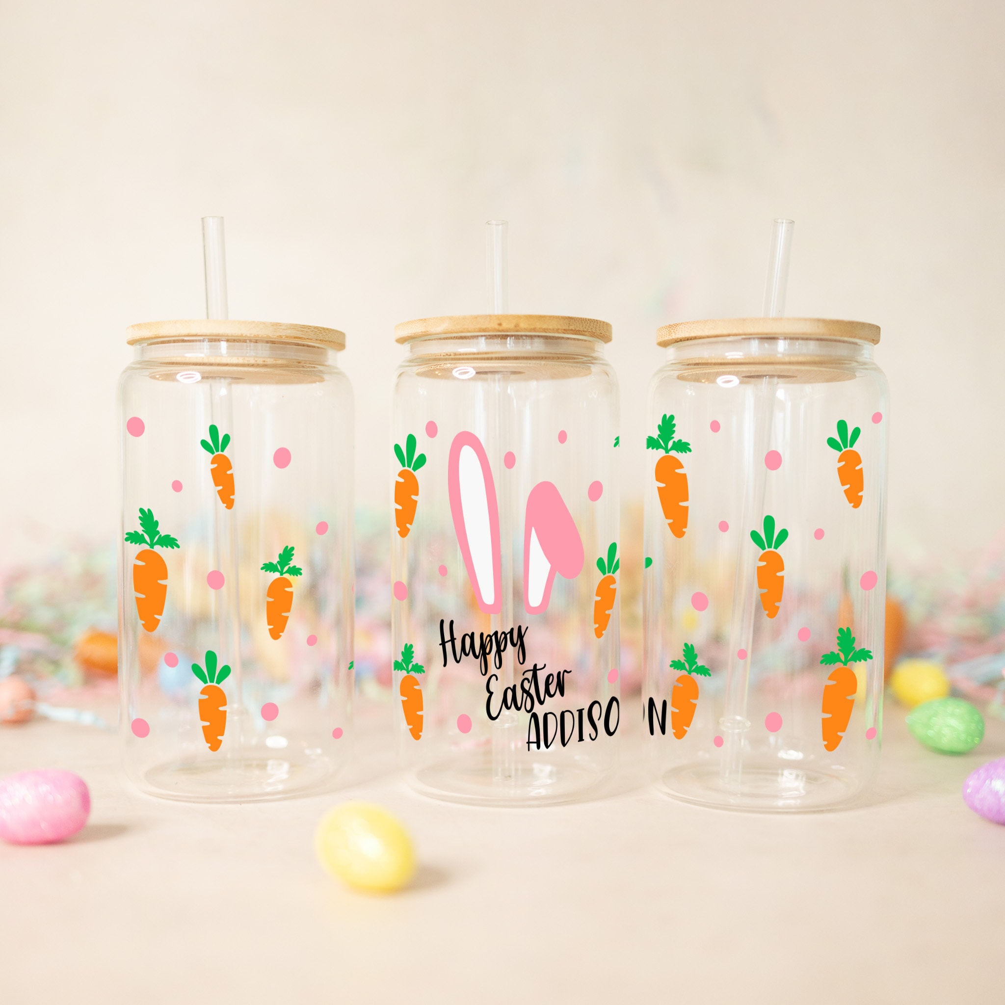 Personalized Easter Glass Can, 16oz Iced Coffee Cups, Name Glass Cup ...
