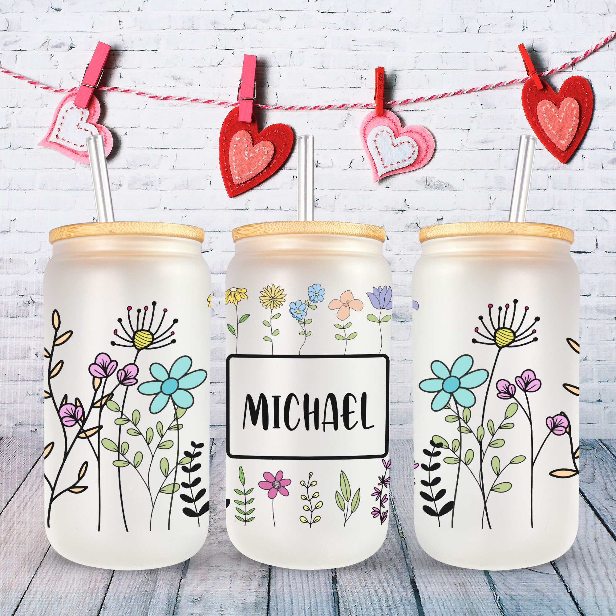 Custom Glass Cup With Name, Personalized Floral Glass Tumbler, Friend ...