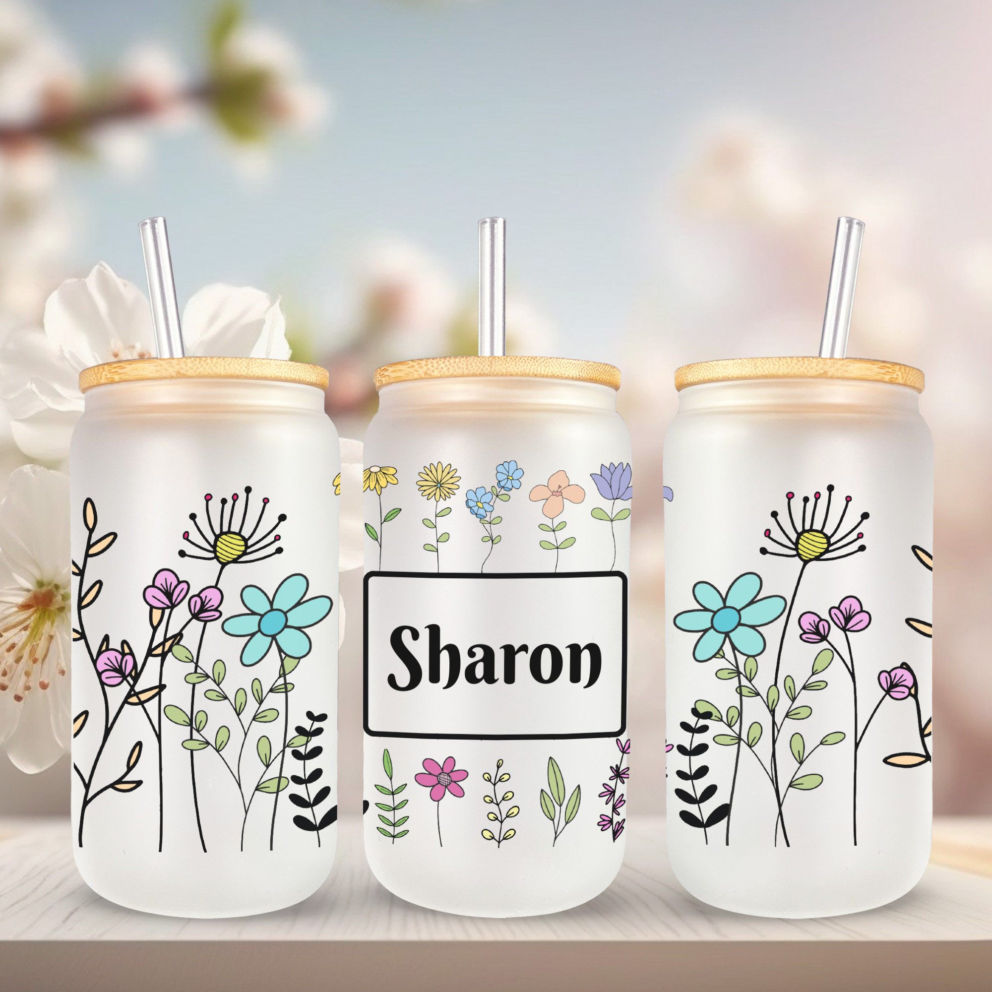 Custom Glass Cup With Name, Personalized Floral Glass Tumbler, Friend ...