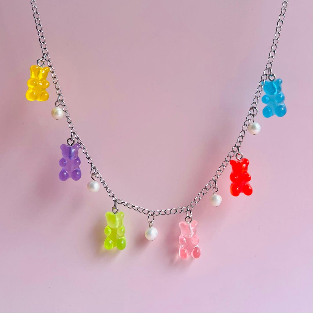 Gummy Bear & Freshwater Pearl Necklace / Silver Tone Stainless Steel ...