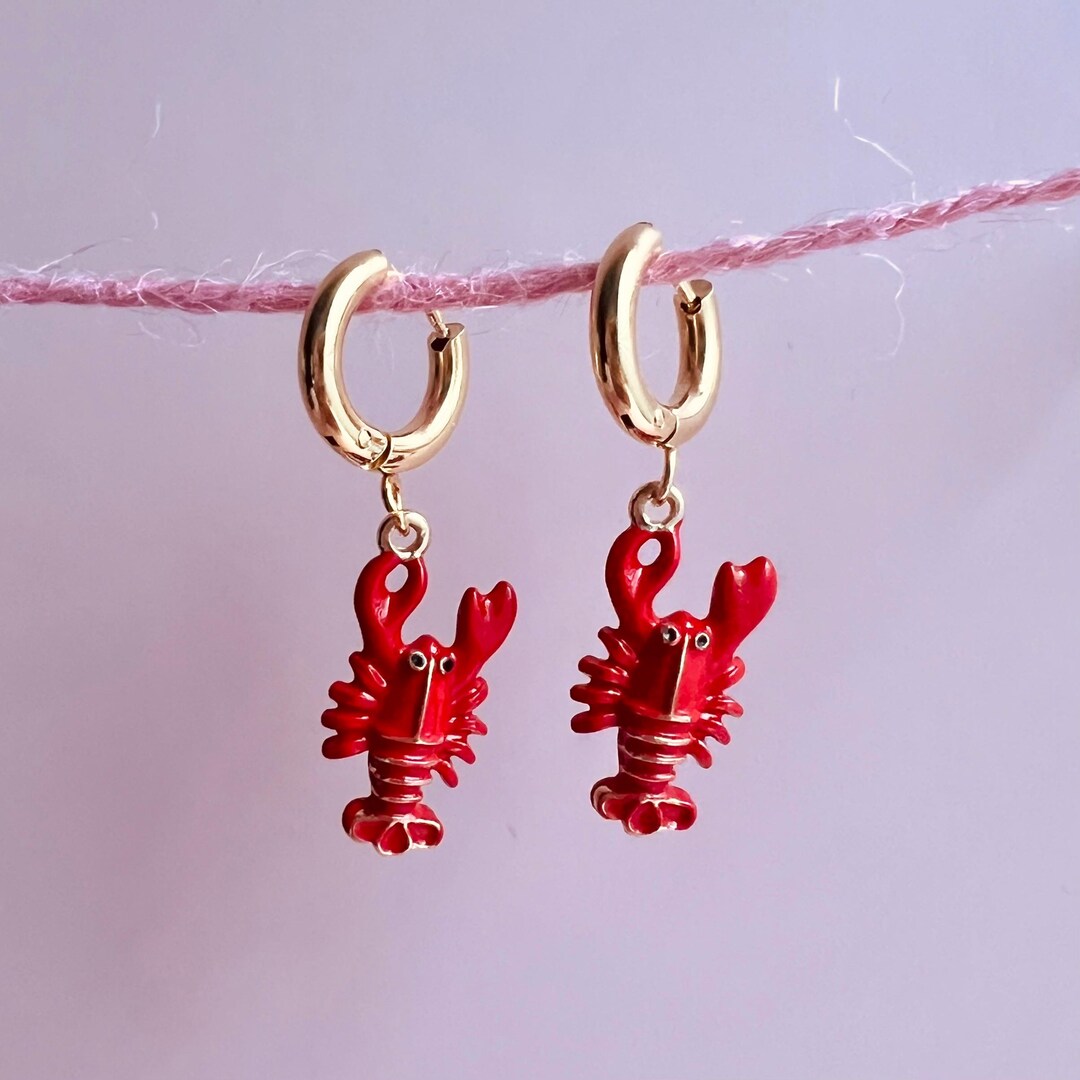 Lobster Huggies / Gold Plated Stainless Steel Hoops With Dangling ...