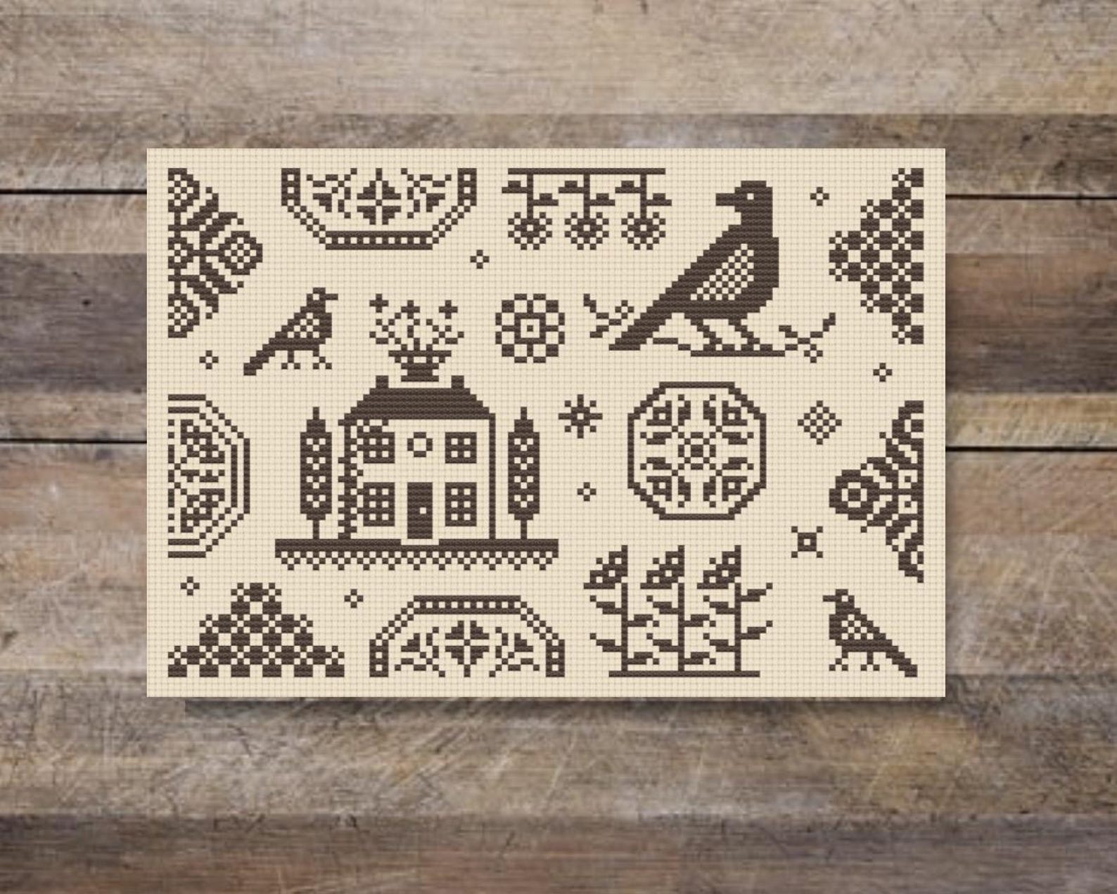 Bird Quaker, Red Quaker Motifs, Birds, House, Flowers Primitive Folk ...