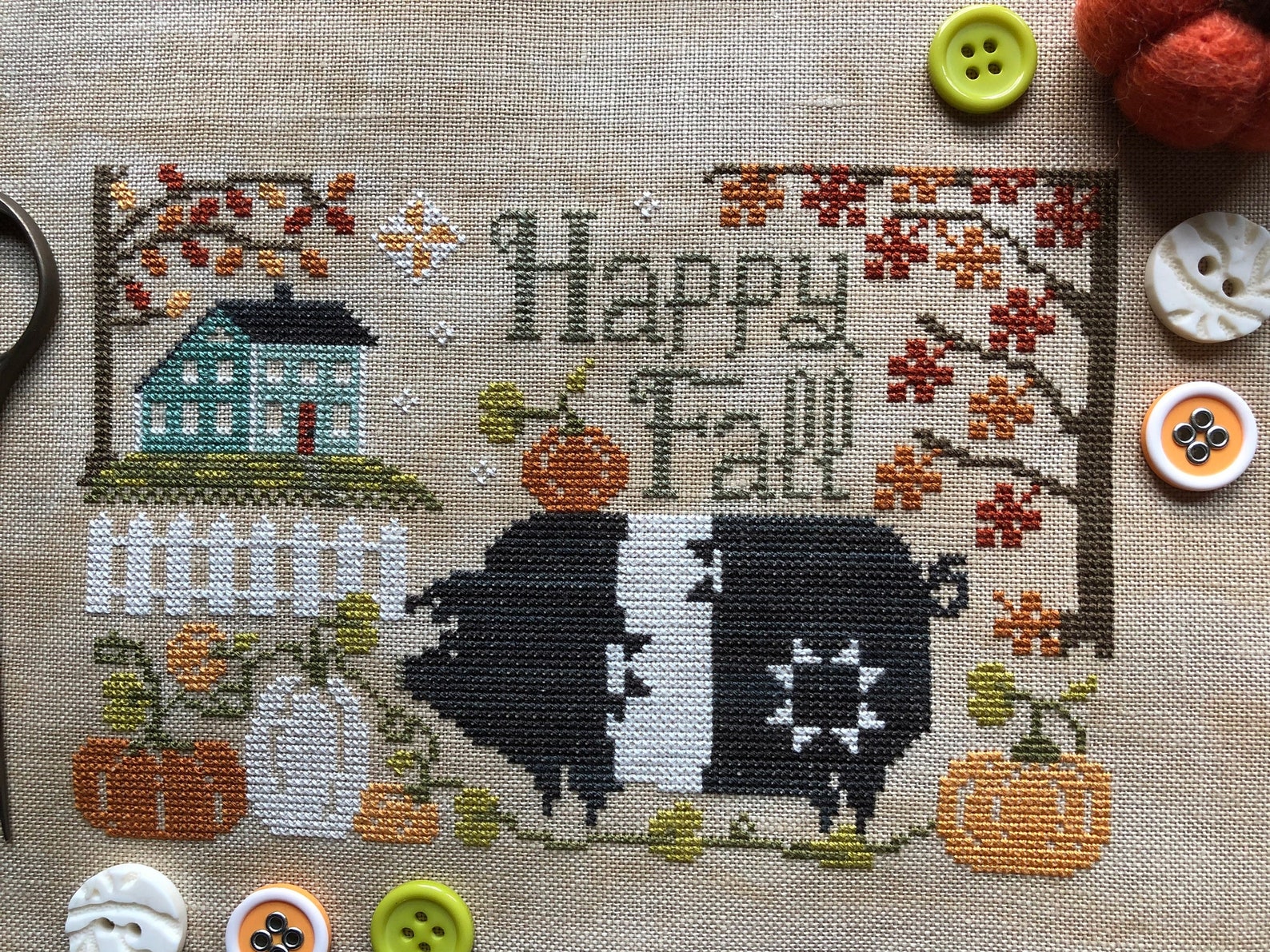Happy Fall Pig in a Pumpkin Patch Primitive Folk Art Cross Stitch ...