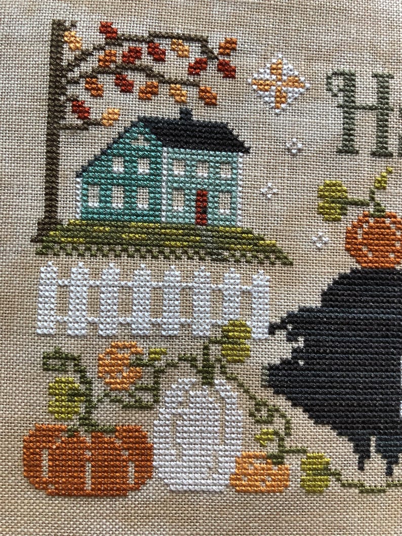Happy Fall Pig in a Pumpkin Patch Primitive Folk Art Cross Stitch ...