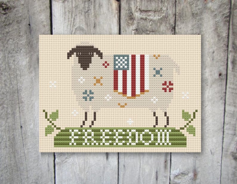 Patriotic Sheep, Whimsical Sheep With American Flag and Quilt Stars, Primitive Folk Art Cross ...